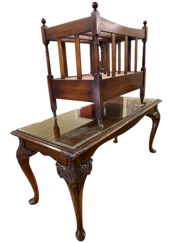 Mahogany serpentine front three drawer open bookcase, rectangular mahogany cabriole leg coffee ...