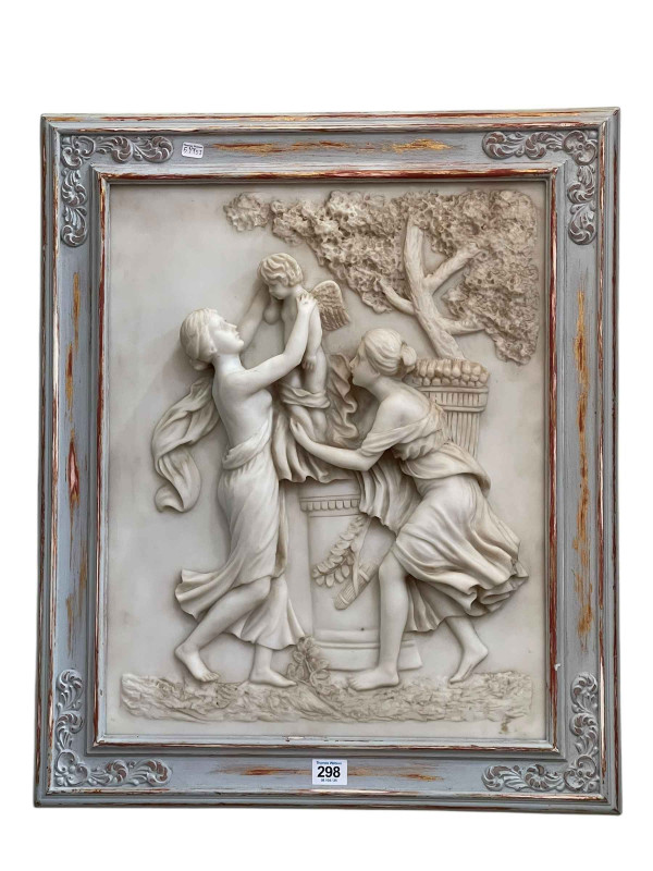 Classical framed plaque depicting a winged cherub and two maidens, 63cm ...