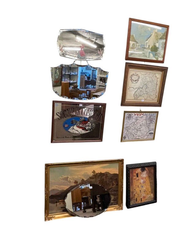 Southern Comfort advert mirror, three frameless mirrors, two map prints ...