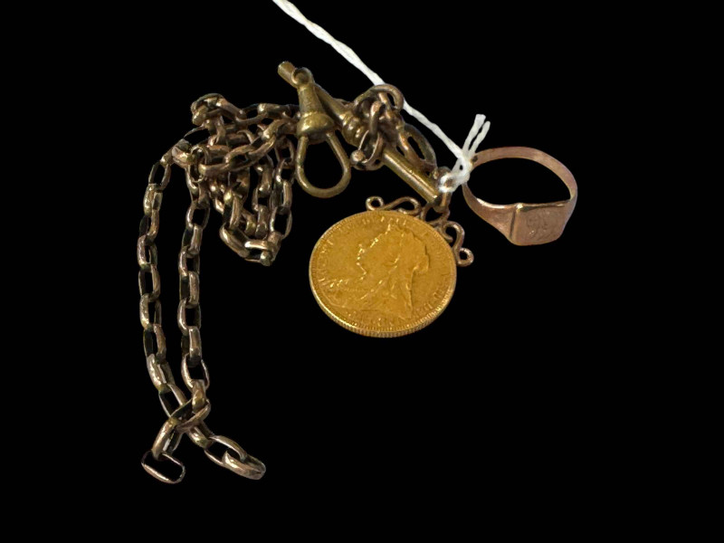 Victorian gold sovereign 1893, mounted and with part gold chain, and a ...