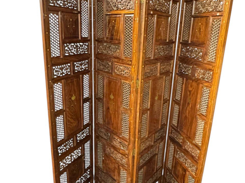 Indian hardwood and brass inlaid four-fold vanity screen, 175cm ...