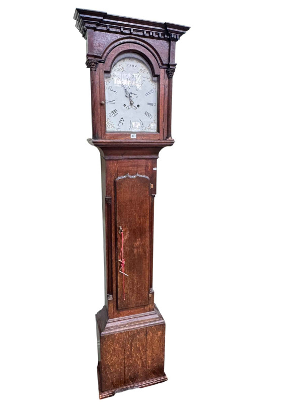 Antique oak eight day longcase clock having arched dial, signed Thomas ...