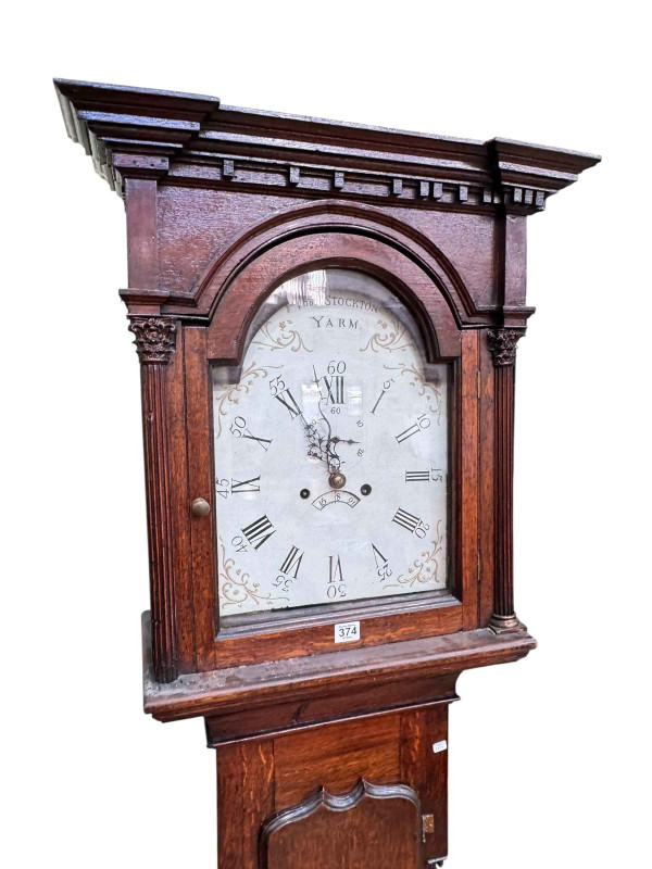 Antique oak eight day longcase clock having arched dial, signed Thomas ...