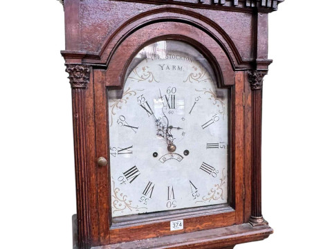 Antique oak eight day longcase clock having arched dial, signed Thomas ...