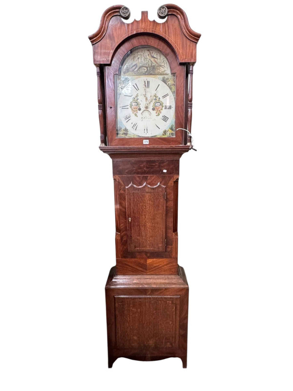 Antique oak and mahogany Welsh eight day longcase clock having painted ...