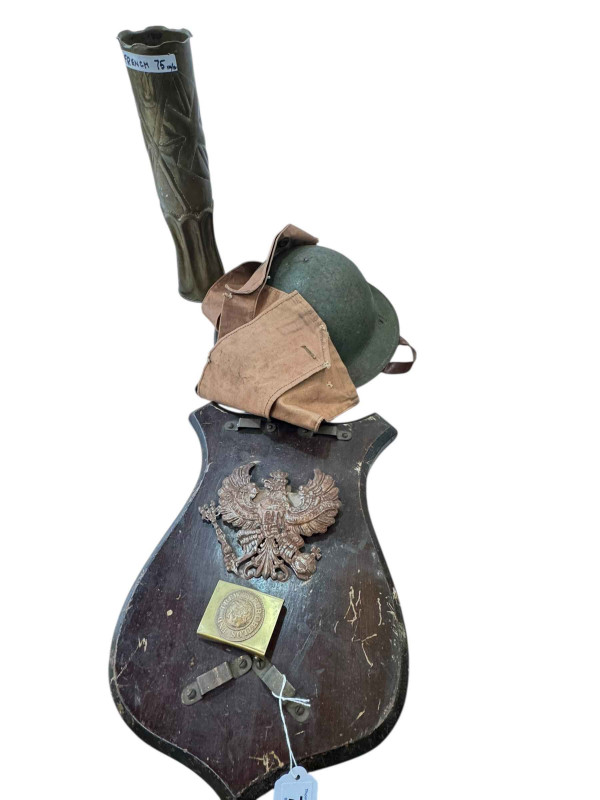 WWI steel helmet, gas mask bag dated 1916, eagle shield, shell case and ...