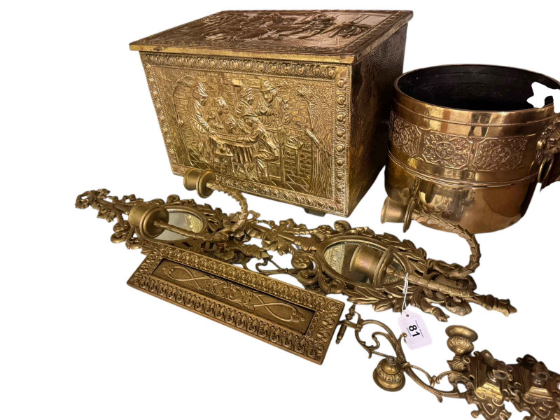 Two copper coaching horns, ironwork candle display, brass coal box, wall sconces, letter box and ...